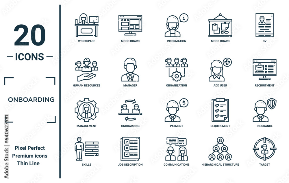 Vetor de onboarding linear icon set. includes thin line workspace ...