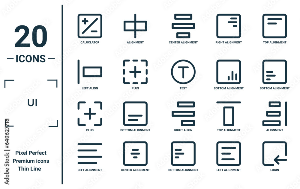 ui linear icon set. includes thin line caluclator, left align, plus ...