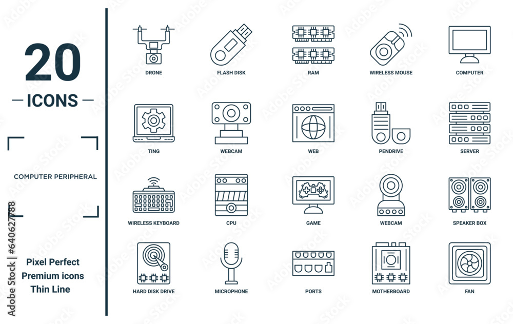 computer peripheral linear icon set. includes thin line drone, ting ...