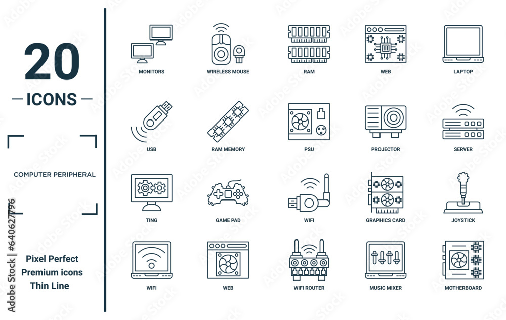 computer peripheral linear icon set. includes thin line monitors, usb, ting, wifi, motherboard ...