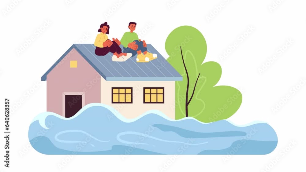 People trapped by floodwater on roof cartoon animation. Heavy rains and ...