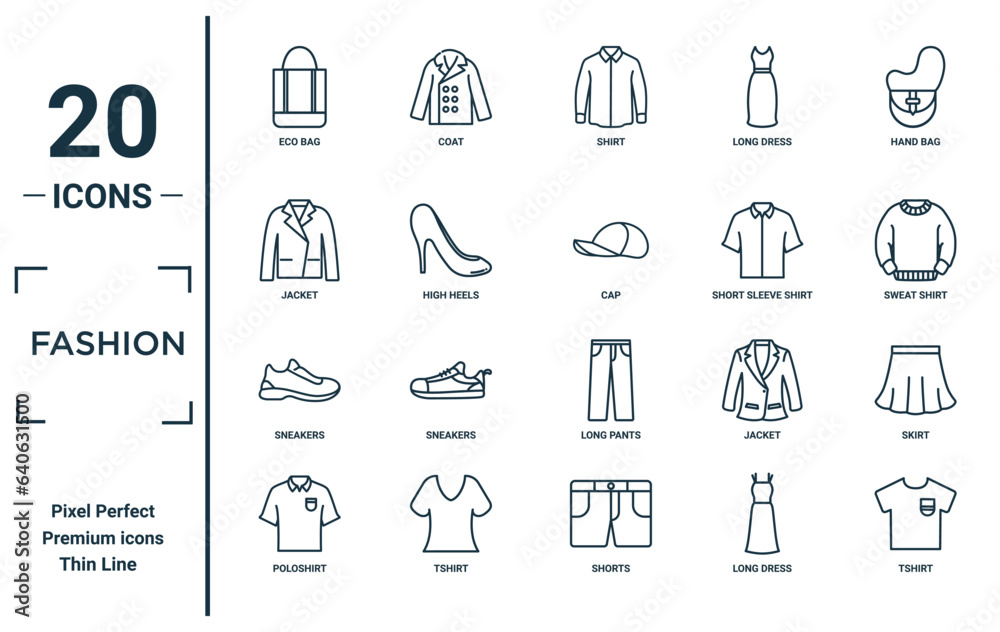 fashion linear icon set. includes thin line eco bag, jacket, sneakers ...