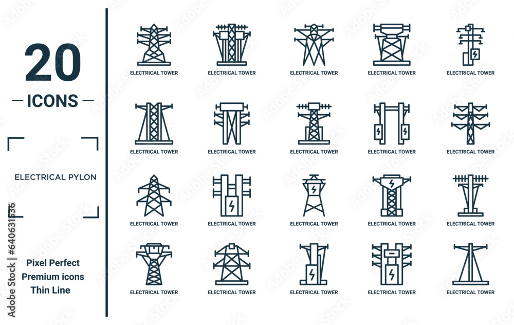 Vetor de electrical pylon linear icon set. includes thin line electrical tower, electrical tower ...