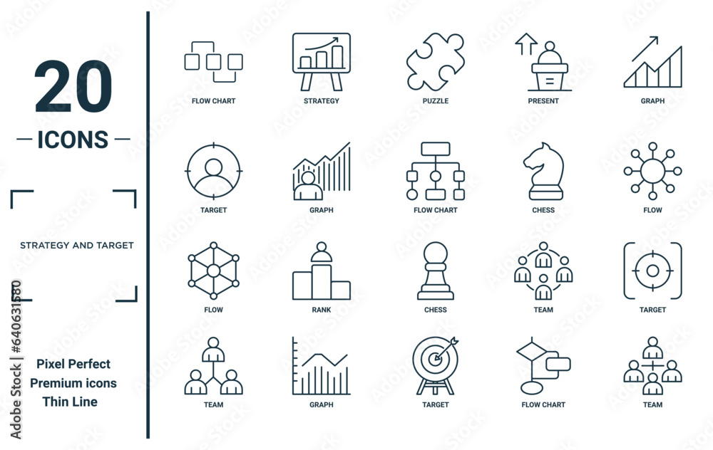 strategy and target linear icon set. includes thin line flow chart ...
