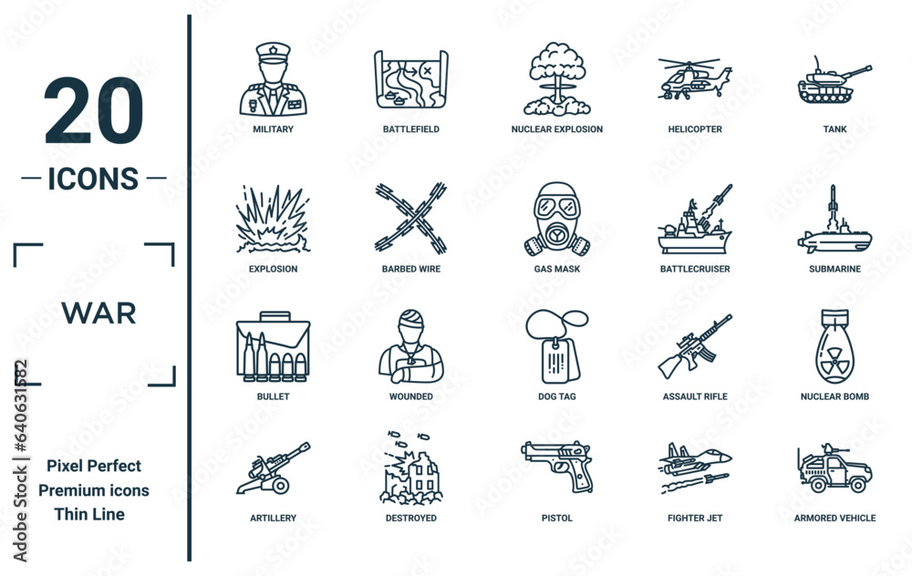 Vetor de war linear icon set. includes thin line military, explosion ...