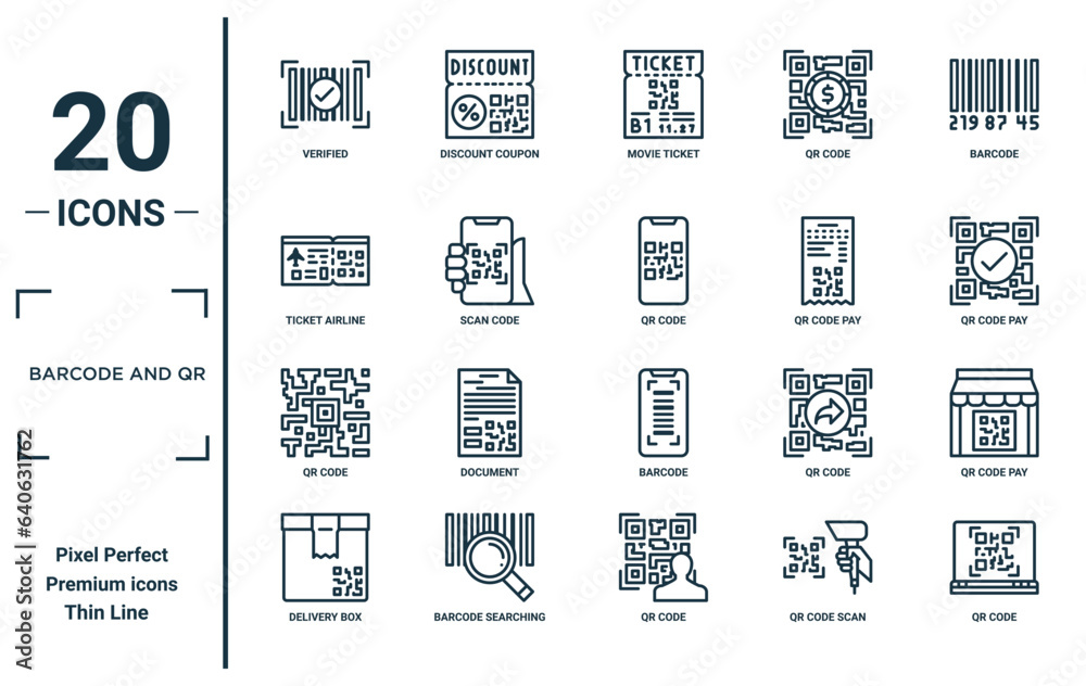 barcode and qr linear icon set. includes thin line verified, ticket ...