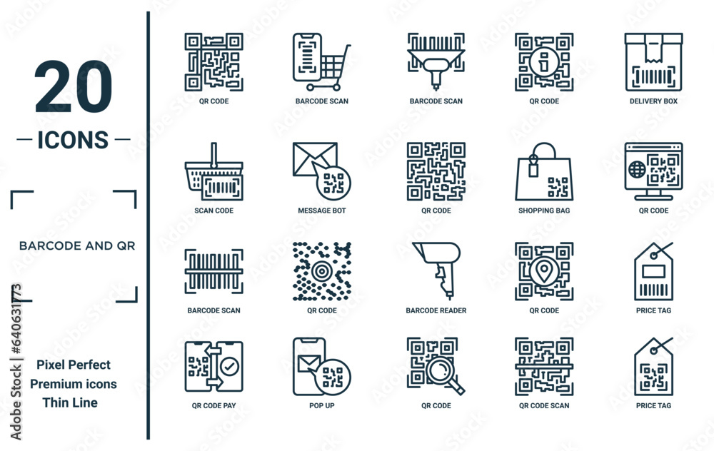 Vetor do Stock: barcode and qr linear icon set. includes thin line qr code, scan code, barcode ...