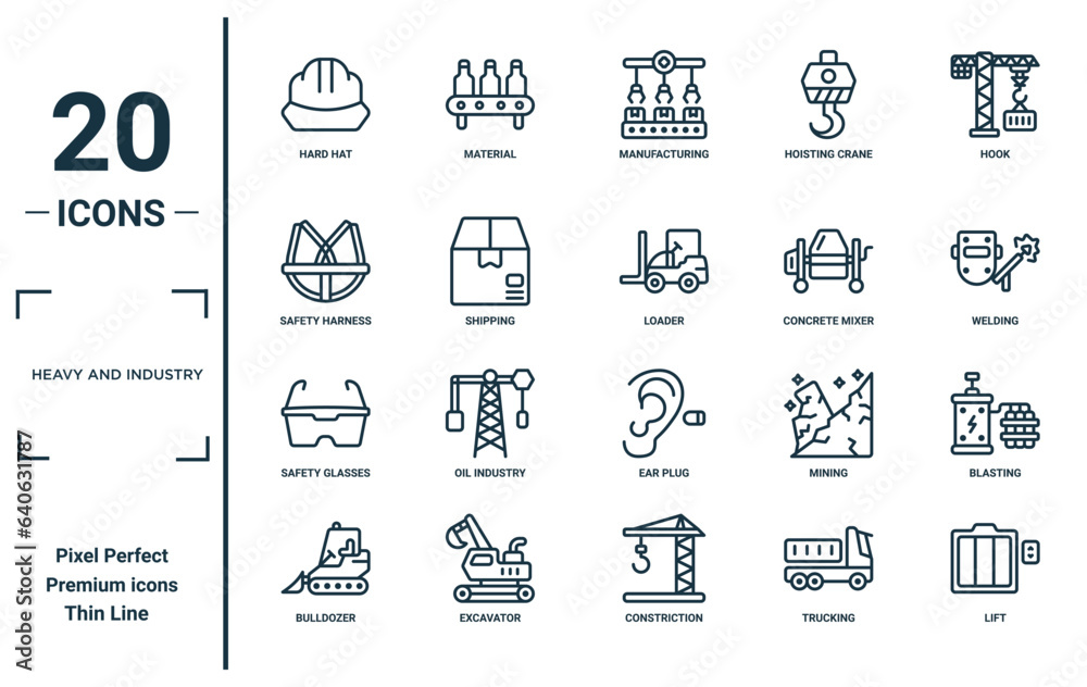 heavy and industry linear icon set. includes thin line hard hat, safety ...