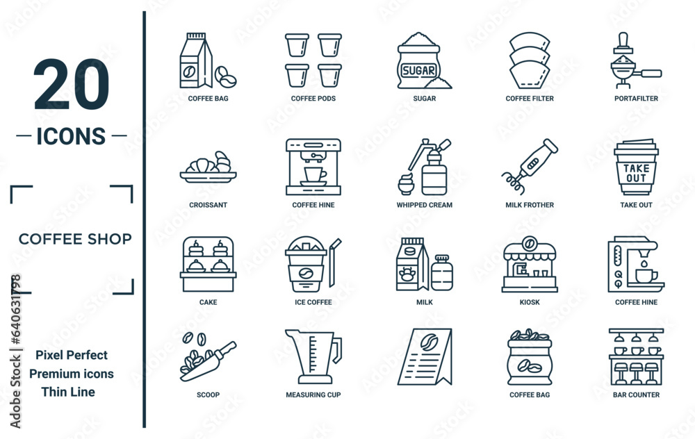 coffee shop linear icon set. includes thin line coffee bag, croissant ...