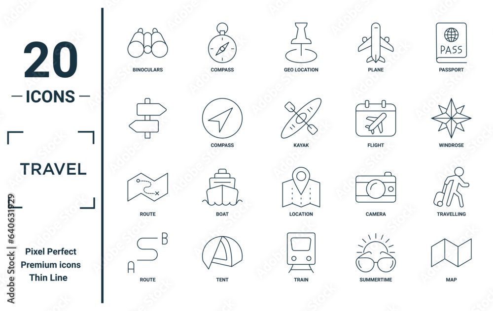 travel linear icon set. includes thin line binoculars, , route, route ...