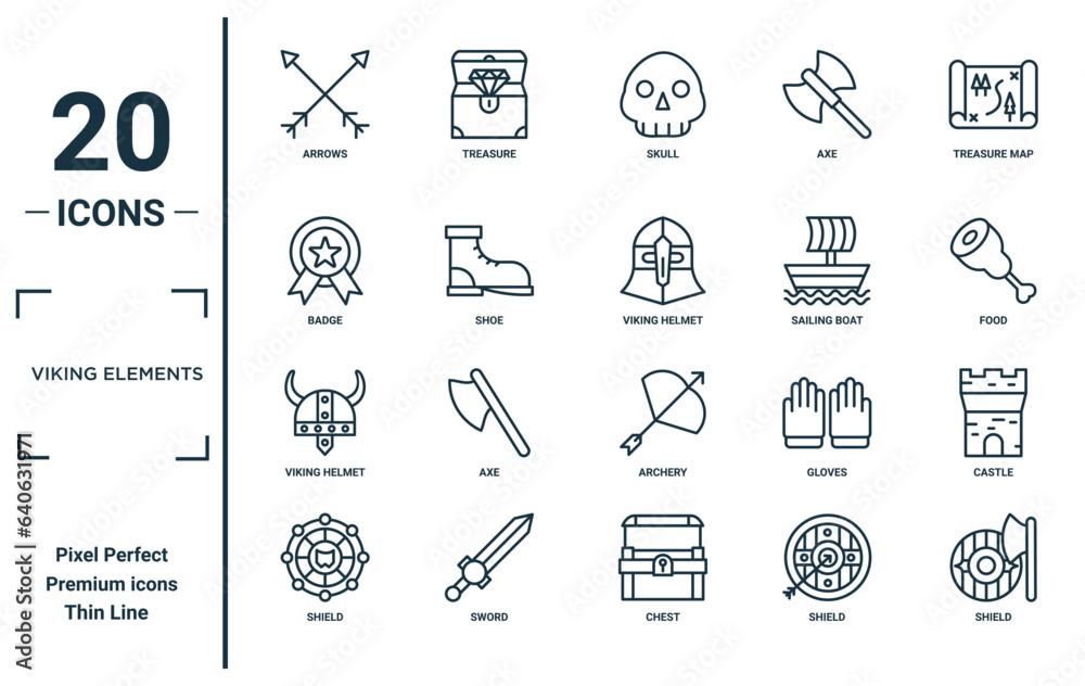 Vetor de viking elements linear icon set. includes thin line arrows ...