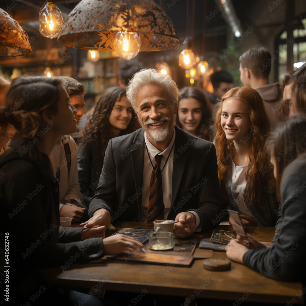 modern professor with gray hair is surrounded by his students, ai ...