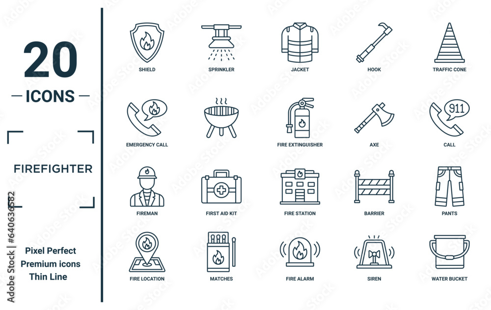 firefighter linear icon set. includes thin line shield, emergency call ...
