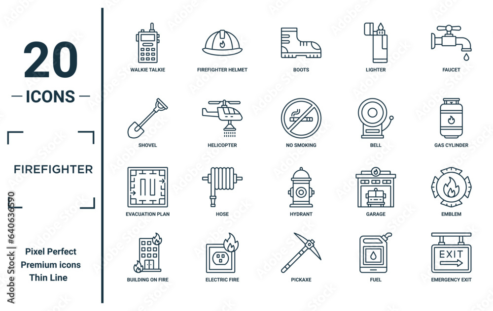 firefighter linear icon set. includes thin line walkie talkie, shovel ...