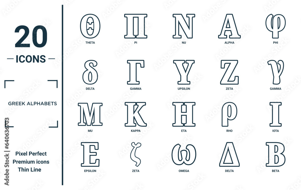 greek alphabets linear icon set. includes thin line theta, delta, mu ...