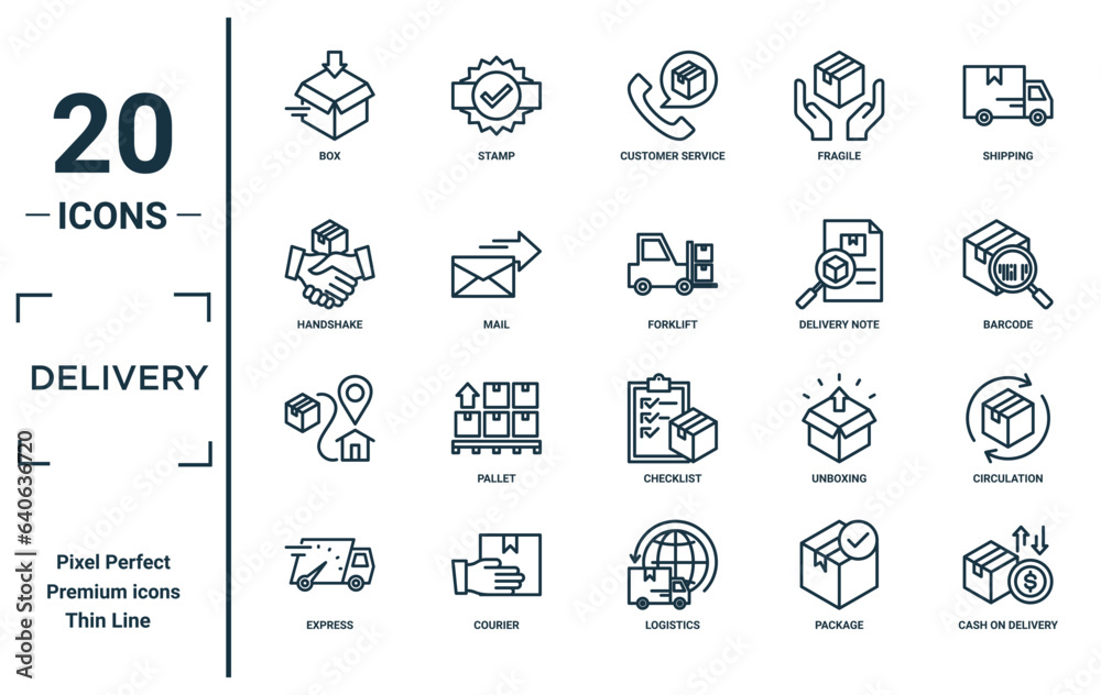 delivery linear icon set. includes thin line box, handshake, , express ...