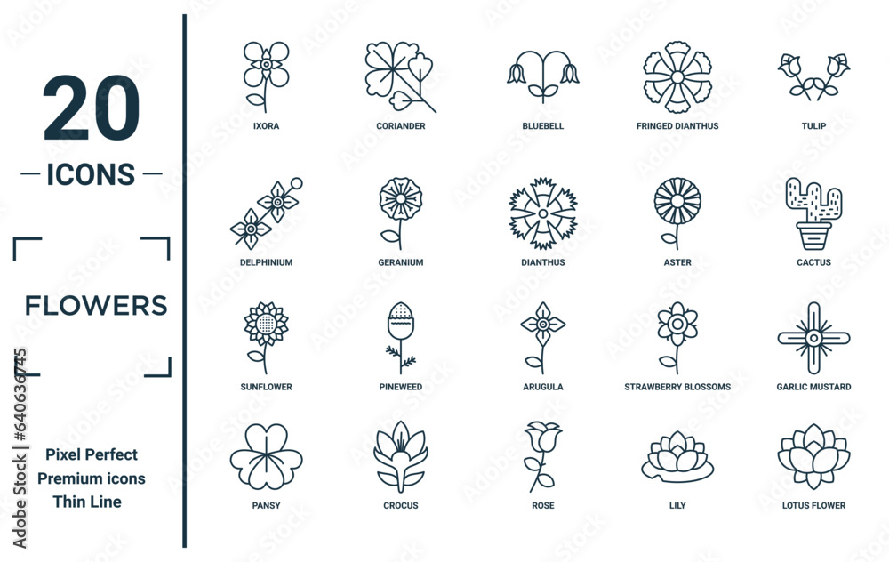flowers linear icon set. includes thin line ixora, delphinium ...