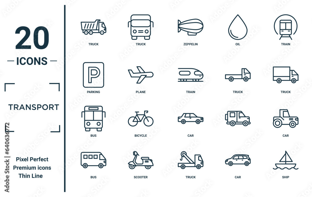 transport linear icon set. includes thin line truck, parking, bus, bus ...
