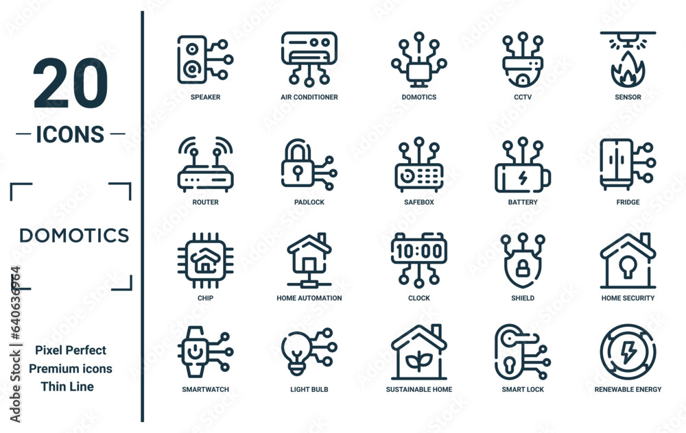domotics linear icon set. includes thin line speaker, router, chip, smartwatch, renewable energy ...