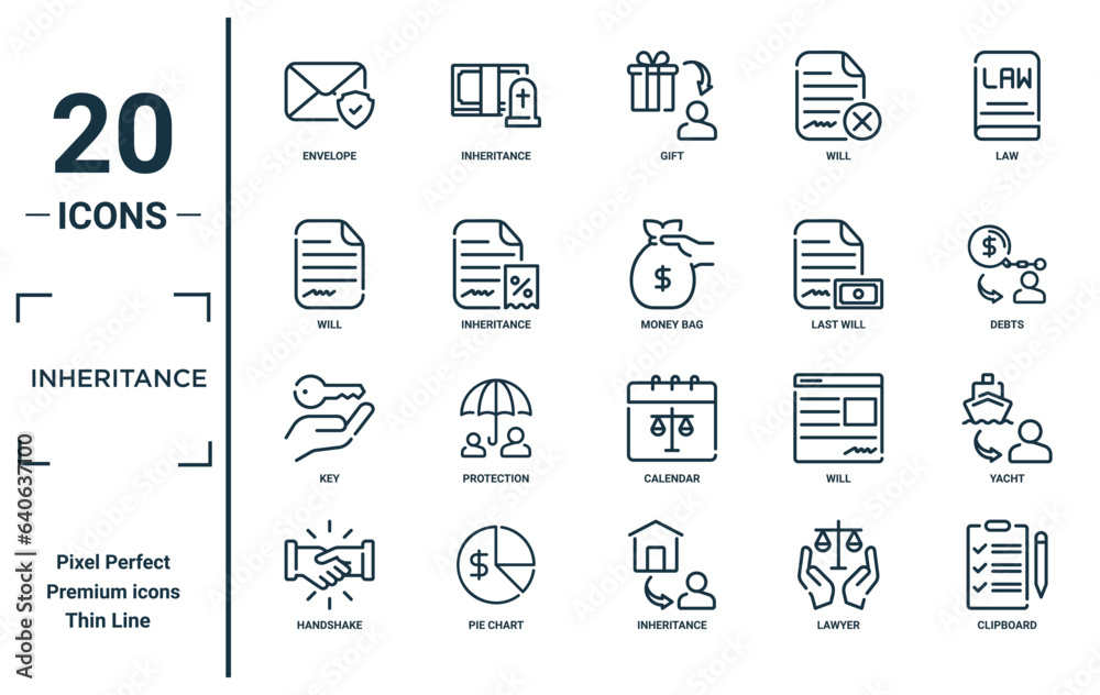 inheritance linear icon set. includes thin line envelope, will, key ...
