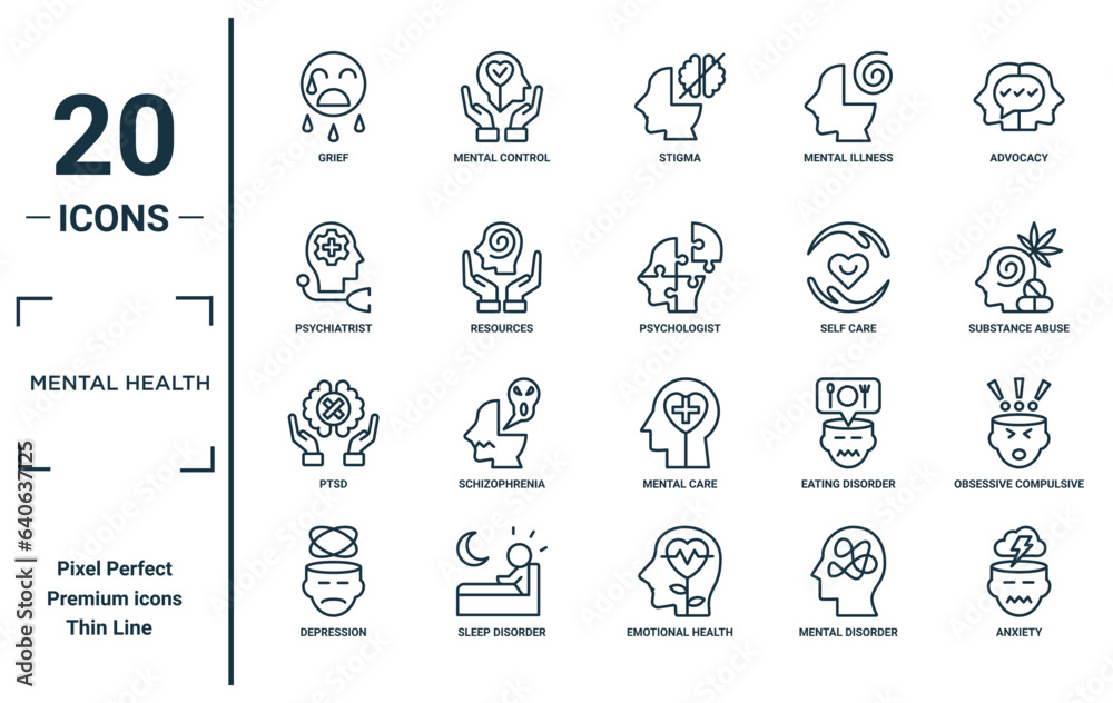 mental health linear icon set. includes thin line grief, psychiatrist ...