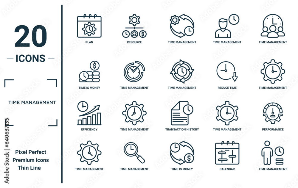 Vetor de time management linear icon set. includes thin line plan, time is money, efficiency ...