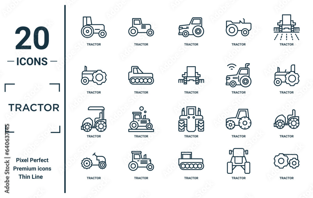 tractor linear icon set. includes thin line tractor, tractor, icons for report, presentation ...