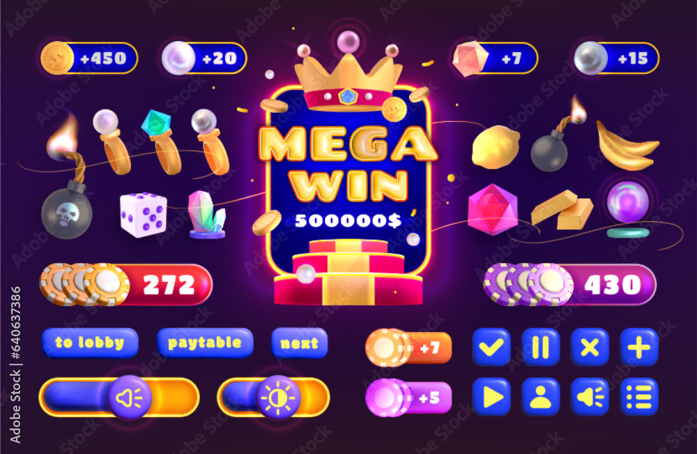 Casino icon for gambling ui game interface cartoon element set. Buttons ...