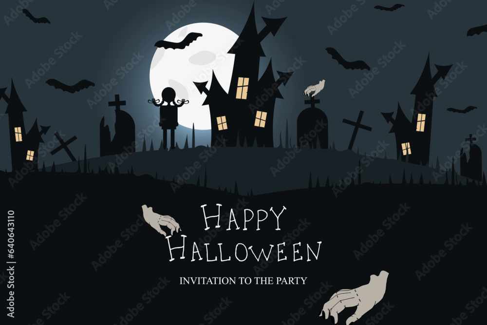 Creepy Halloween banner with cartoon Black Girl silhouette, moonlight ...
