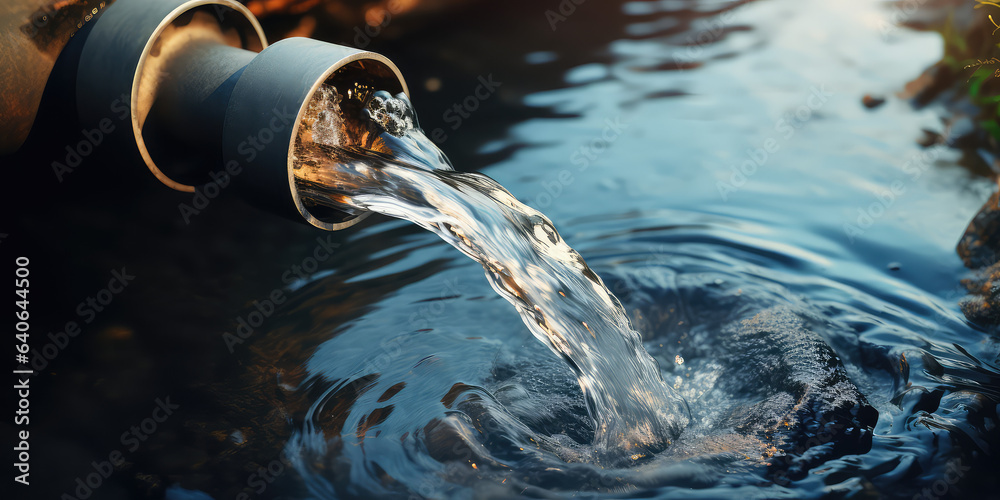 Water pipe in water field, discharge. Clear Water flowing from a pipe ...