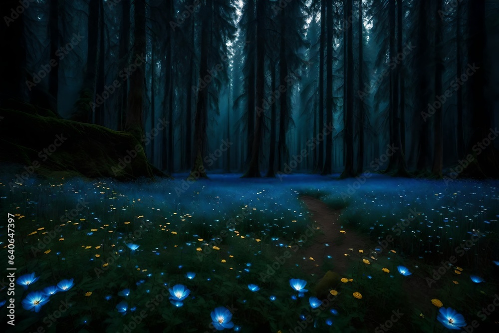 A mystical forest clearing, where a field of bioluminescent flowers ...