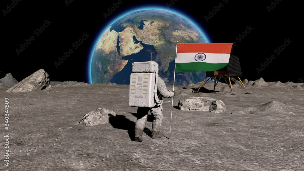 Lunar astronaut walks on the moon with Indian flag, sticks it into the ...