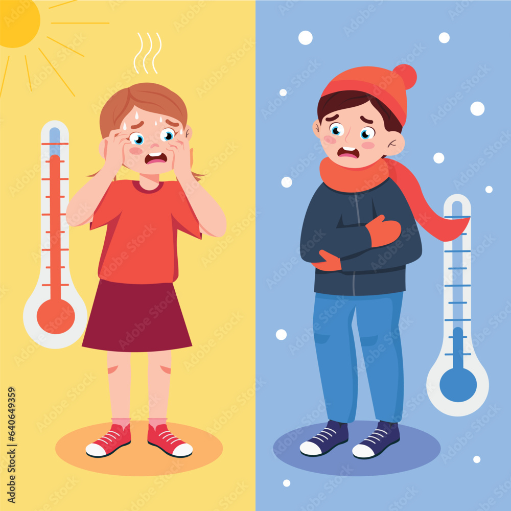 Hot/Cold. Vector in flat design. Girl and boy show very hot and cold ...