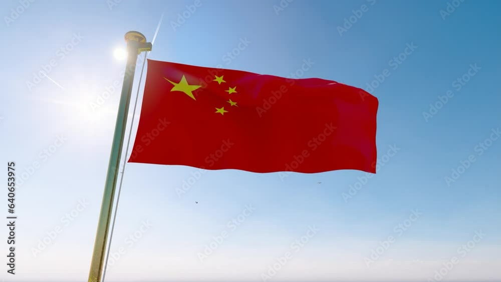Flag of China waving in the wind, sky and sun background. China Flag ...