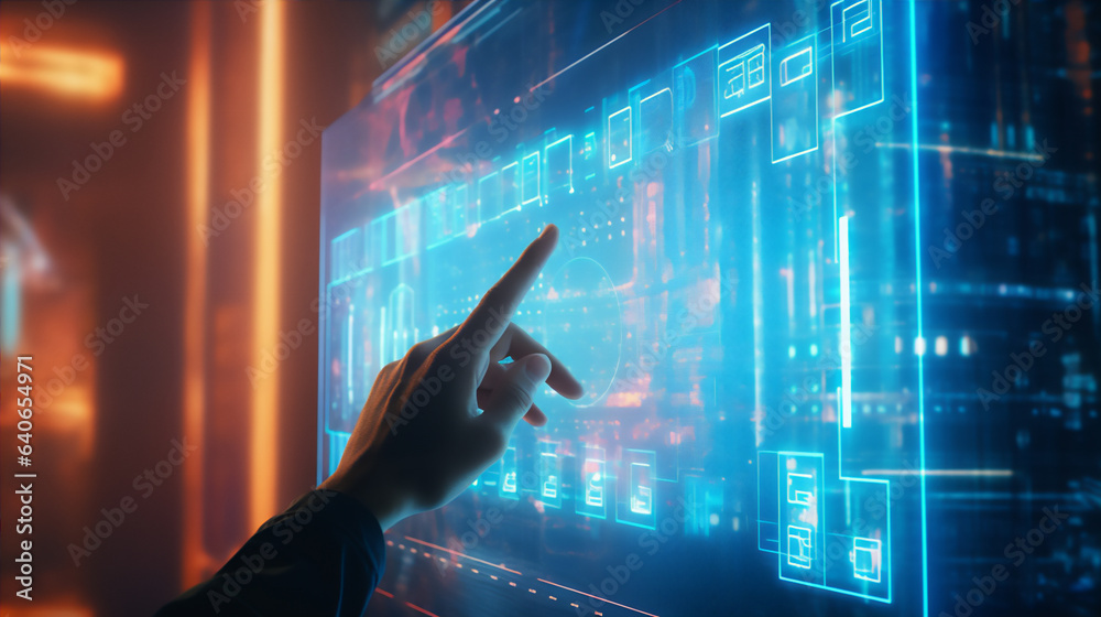 hand touching the vertical hologram panel with one finger, panel ...