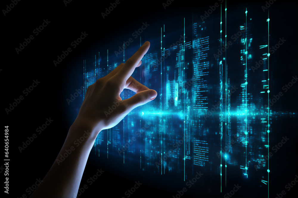 hand touching the vertical hologram panel with one finger, panel ...