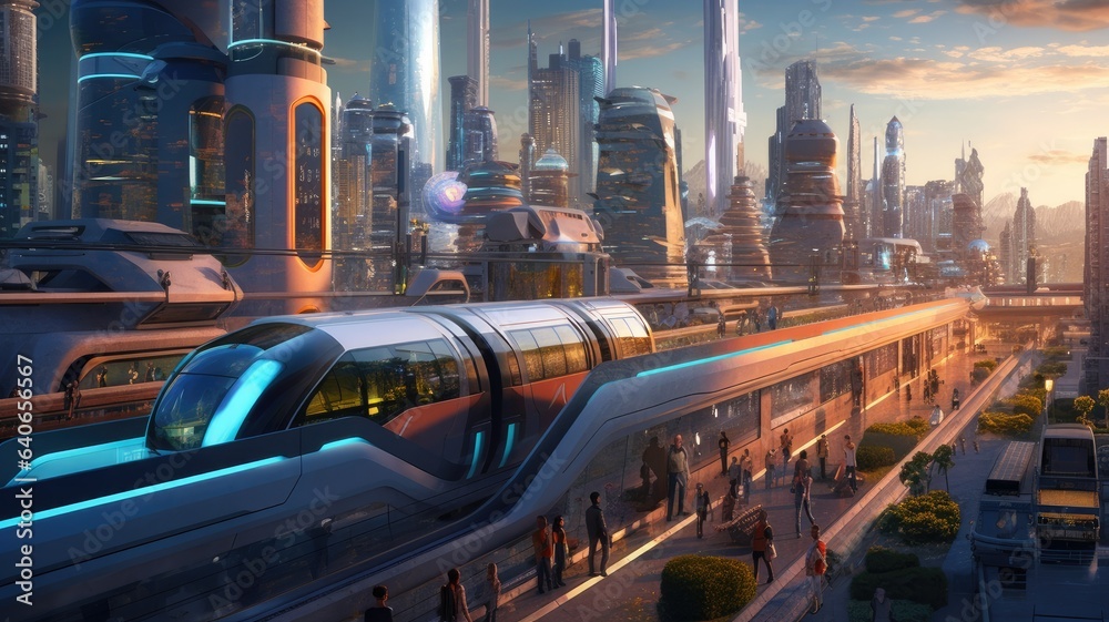 A futuristic cityscape with AI-powered robots and vehicles ...