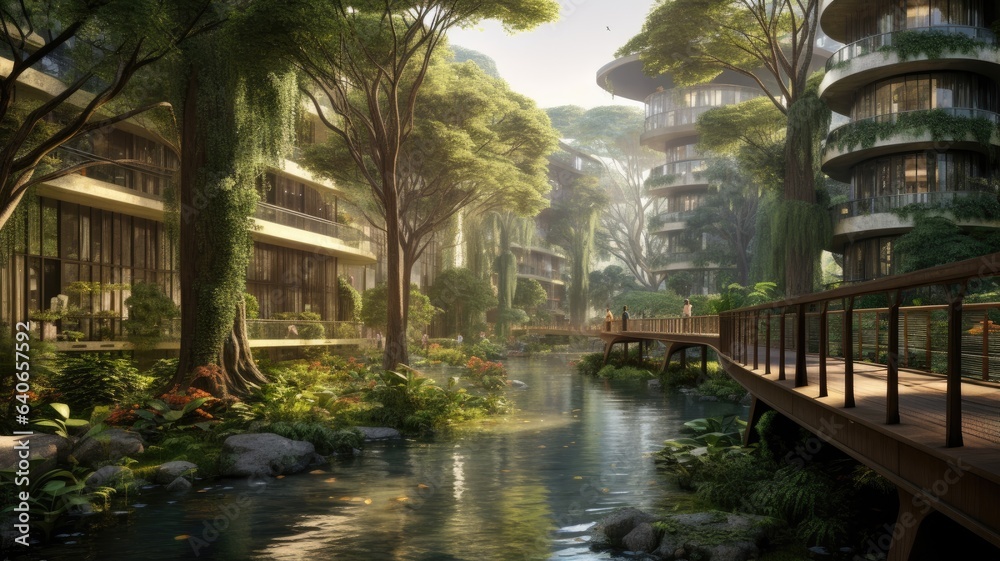A cityscape where modern architecture seamlessly blends with natural ...