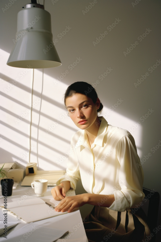 woman/model/ceo in an office remote work setting with paper and tasks ...
