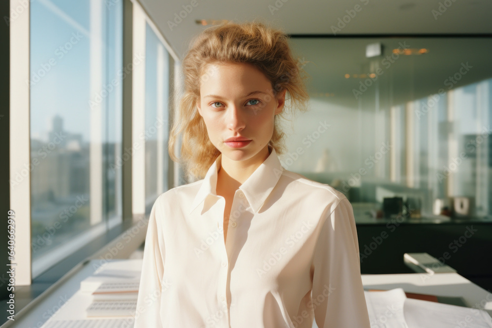 woman/model/ceo in an office remote work setting with paper and tasks ...