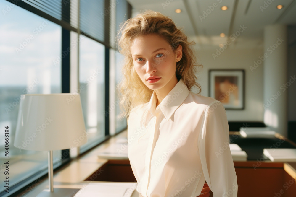 woman/model/ceo in an office remote work setting with paper and tasks ...