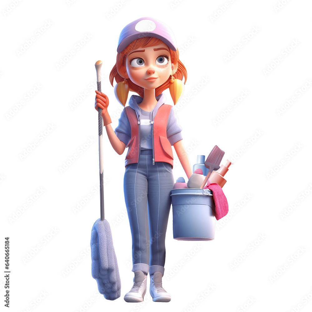 3D icon cute Young woman housewife cleaning the floor with a mop ...