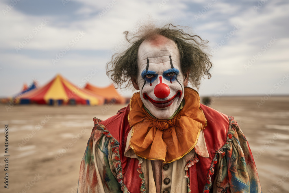 Portrait of a man dressed as a clown with sand desert background Stock ...