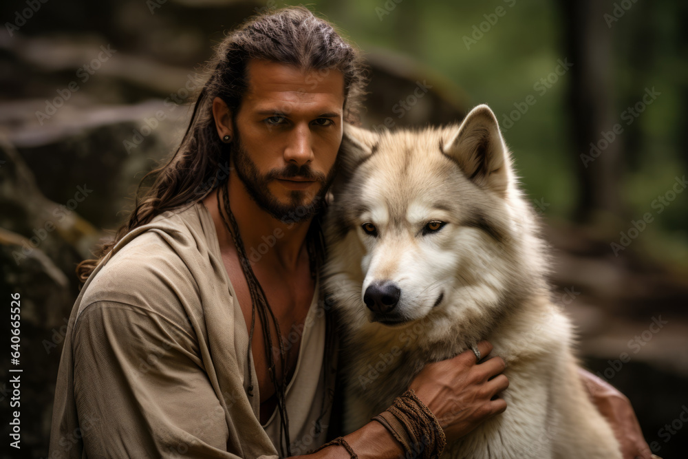 Muscular man in a forest holding a beautiful young white wolf in his ...