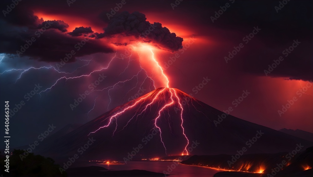 Lightning Striking an Erupting Volcano. Dark Stormy Sky with Discharges ...