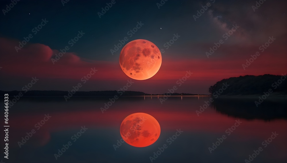 Red Full Moon in the Night Sky Reflecting on the Water's Surface. Blood ...