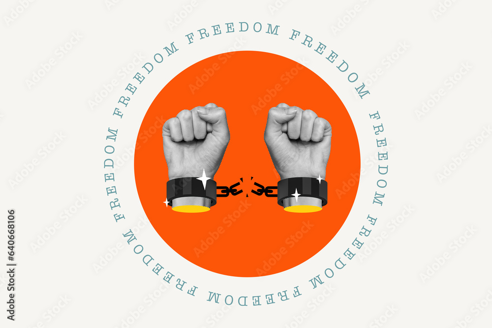 Collage freedom concept two hands in chains human rights break rules ...