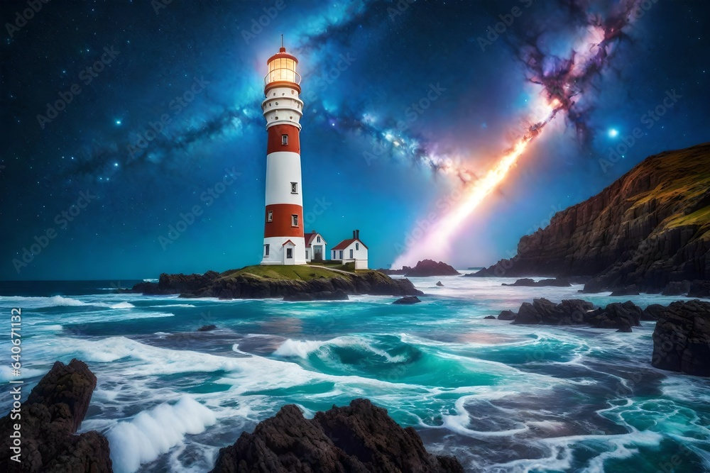 Picture a surreal lighthouse on the edge of a cosmic ocean, its light ...