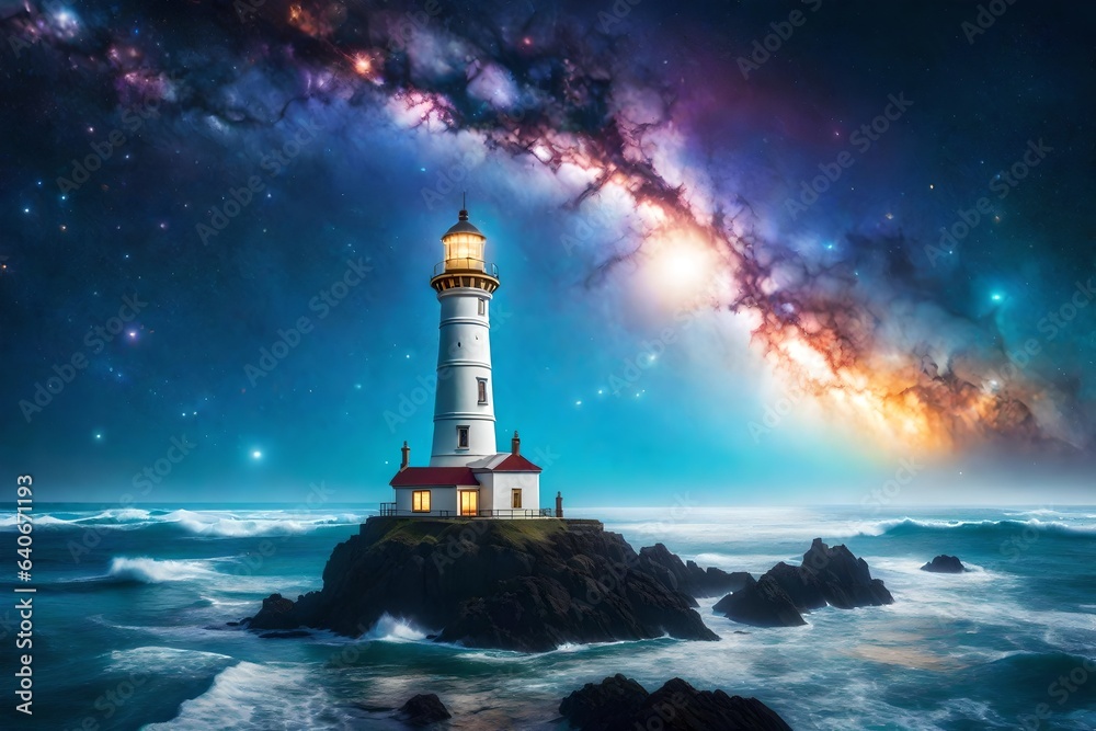 Picture a surreal lighthouse on the edge of a cosmic ocean, its light ...