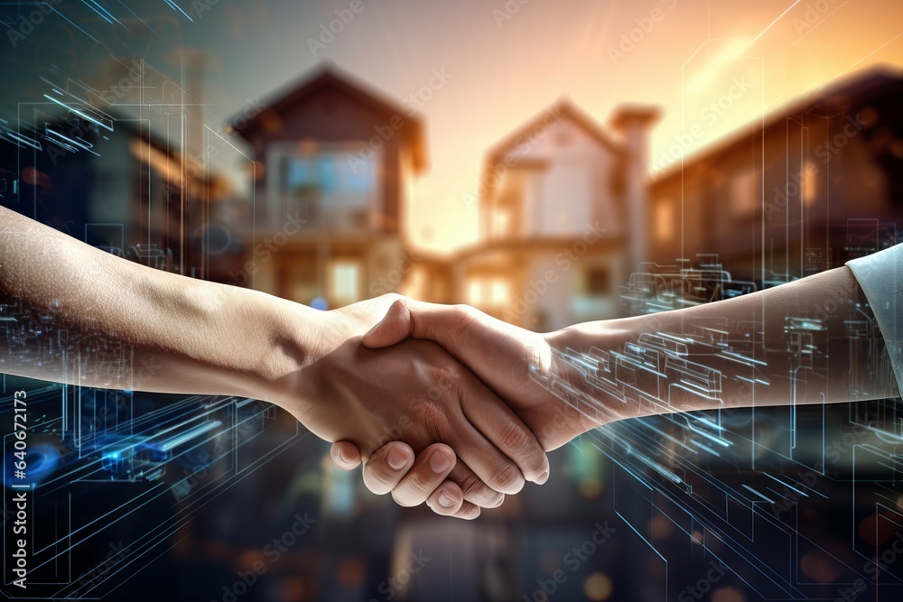 Two human hands shaking as if making a buying deal, with blue and ...